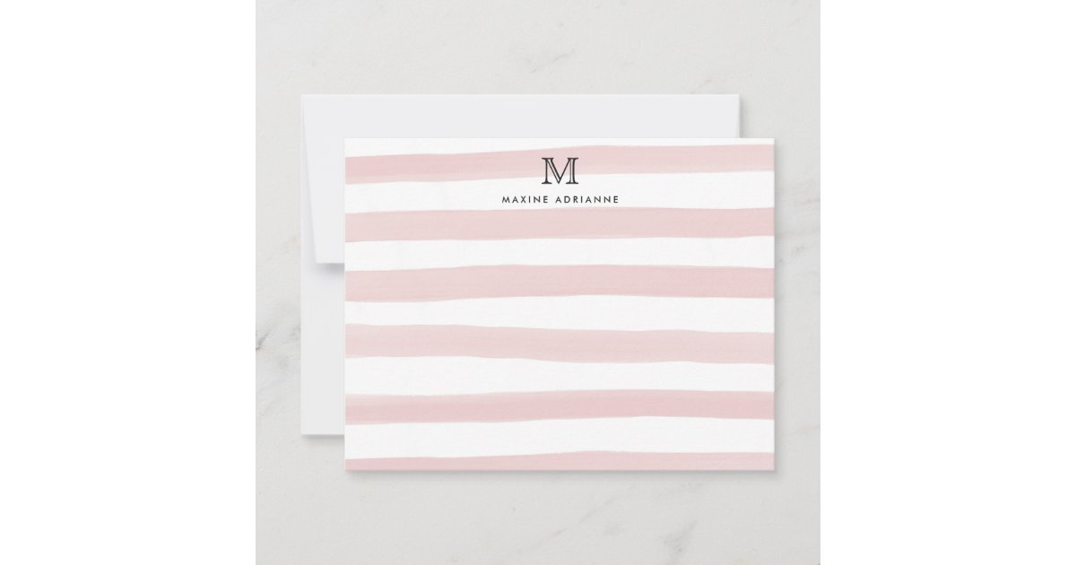 Stripes Monogram Blush Pink Watercolor Modern Chic Note Card | Zazzle