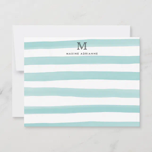 Stripes Monogram Teal Green Watercolor Modern Chic Note Card | Zazzle