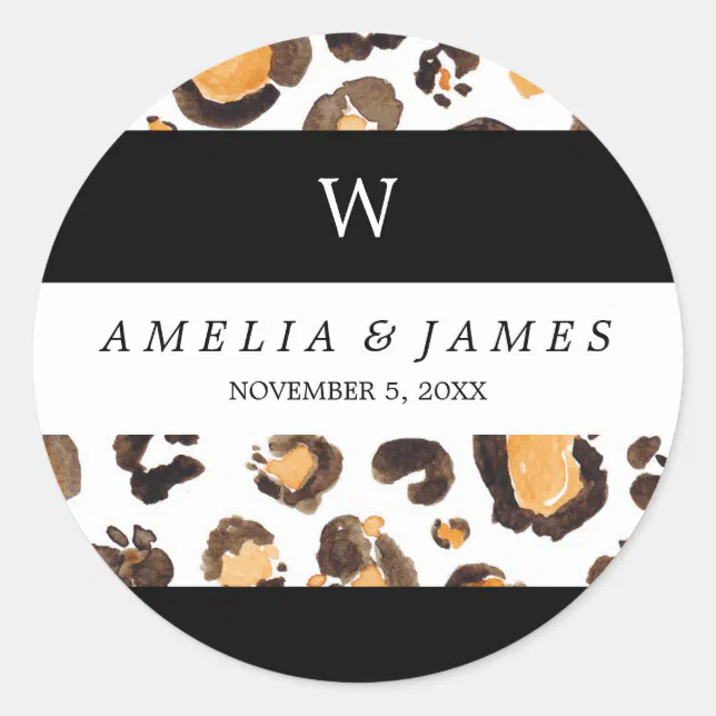 Stripes Watercolor Leopard Spots Wedding Monogram Classic Round Sticker ...