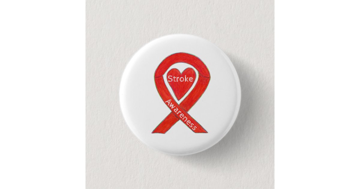 Stroke Awareness Red Heart Ribbon Custom Art Pin | Zazzle