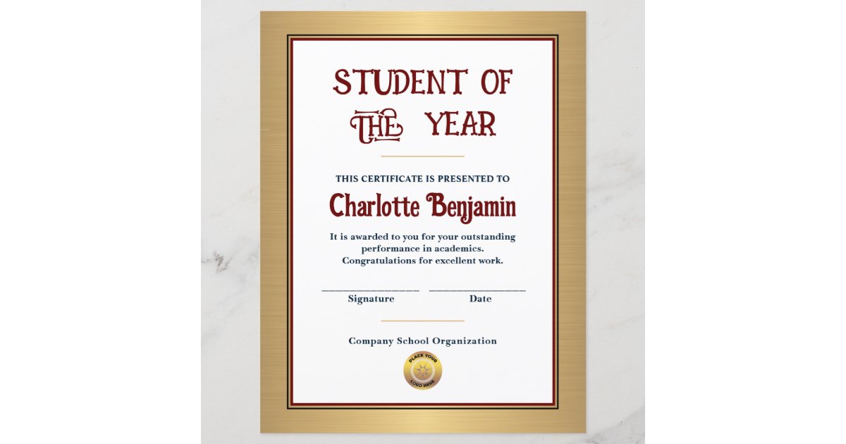 Student Of The Year Achievement Certificate Custom | Zazzle