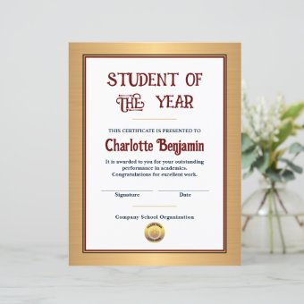 Student Of The Year Achievement Certificate Custom | Zazzle