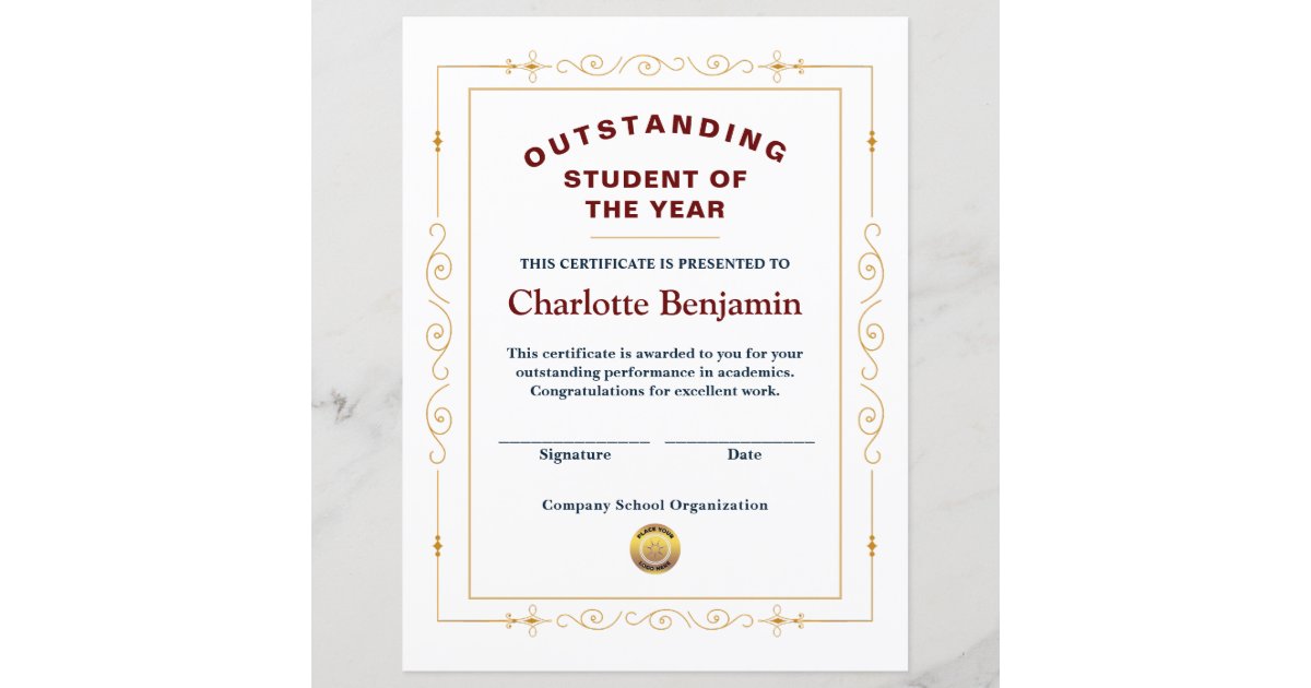 Student Of The Year Achievement Certificate Custom | Zazzle