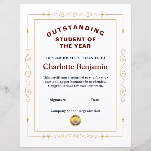 Student Of The Year Achievement Certificate Custom | Zazzle