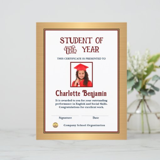 Student Of The Year Photo Certificate Custom | Zazzle