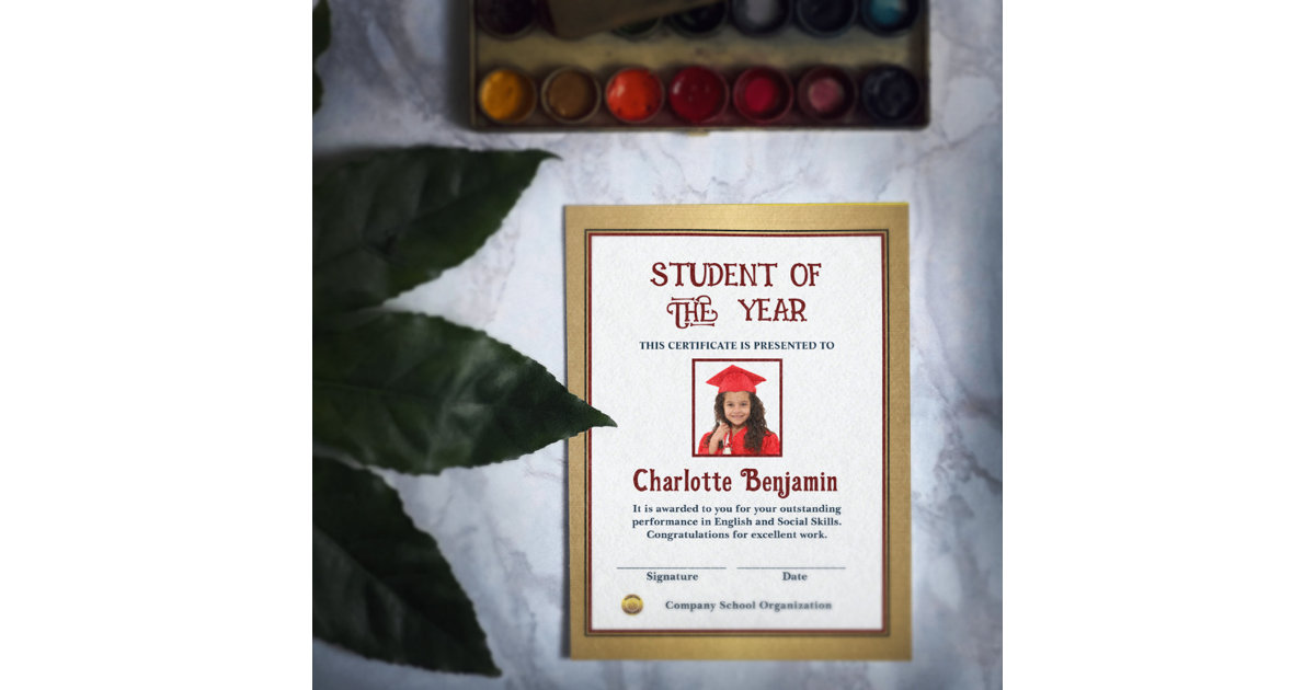Student Of The Year Photo Certificate Custom | Zazzle