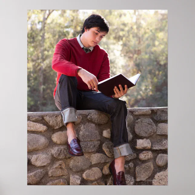 Student Reading Book and Sitting on Stone Wall Poster | Zazzle