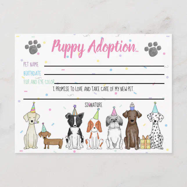 Stuffed Toy Puppy Adoption Card for Party Favor | Zazzle