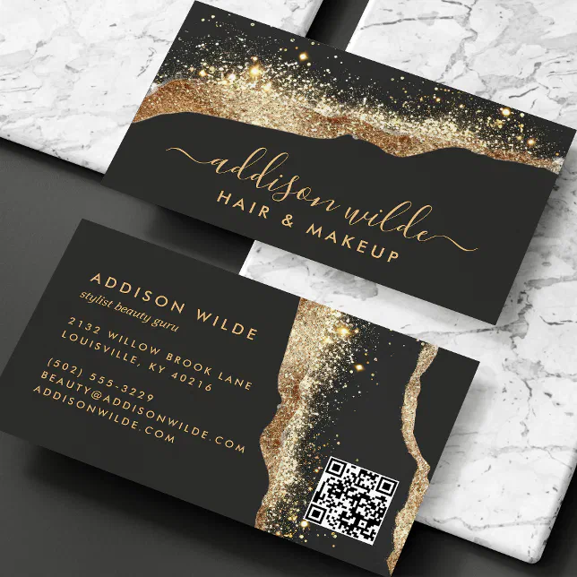 Stunning Black And Gold Glitter Script QR Code Business Card | Zazzle