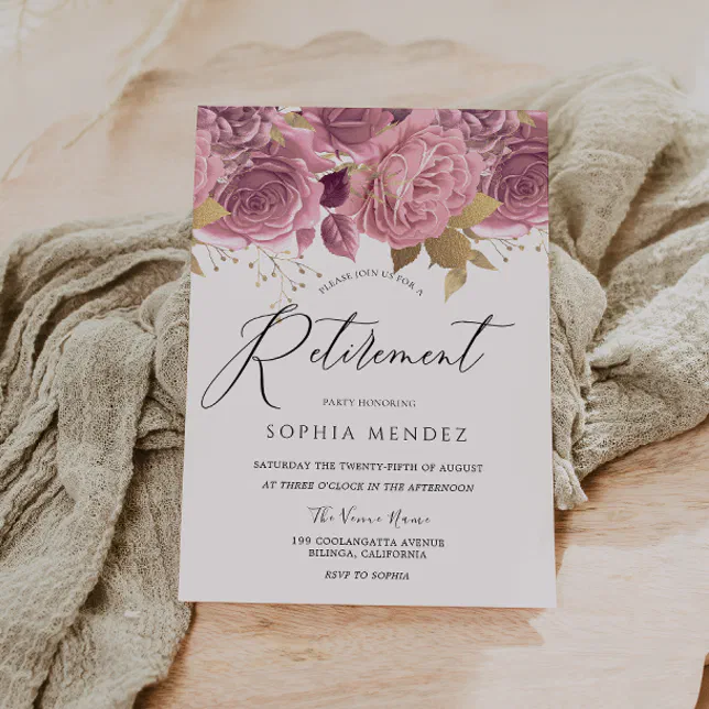 Stunning Blush Pink Floral Gold Retirement Party Invitation | Zazzle