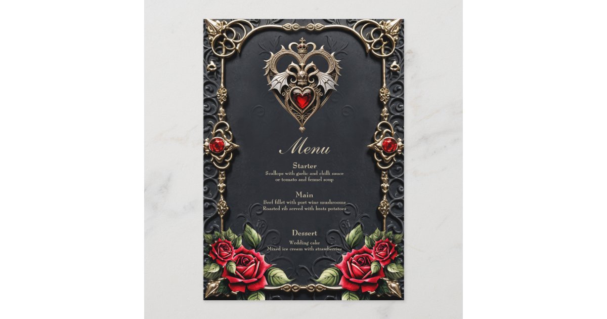 Stunning gothic heart menu | Zazzle