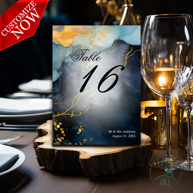 Stunning Indigo Blue and Gold Abstract Table Number | Zazzle