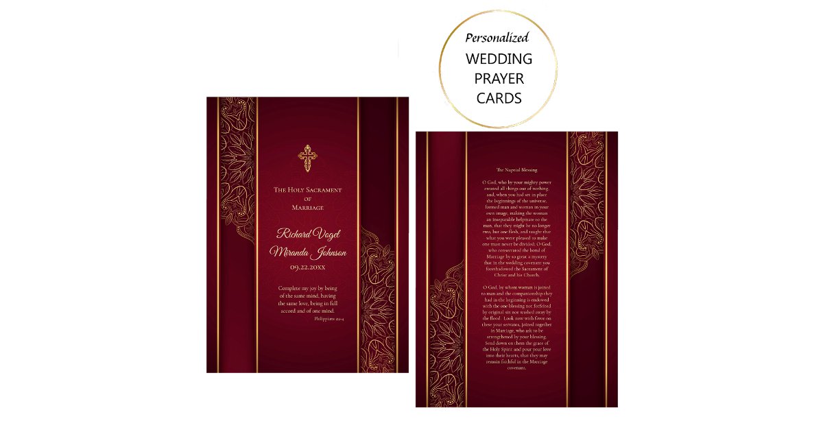 Stunning Maroon Gold Catholic Wedding Prayer Card | Zazzle