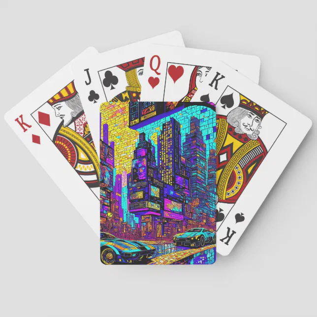 Stunning Mosaic Stained Glass Neon Cyberpunk City Poker Cards | Zazzle