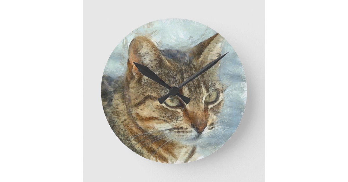 Stunning Tabby Cat Close Up Graphite Pencil Portra Round Clock | Zazzle