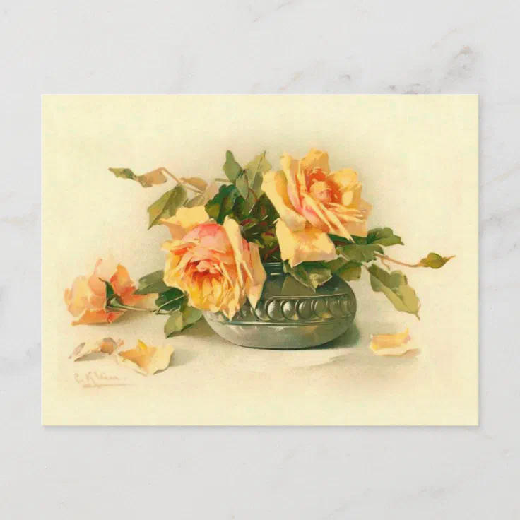 Stunning Victorian Roses in Bowl Catherine Klein Postcard | Zazzle