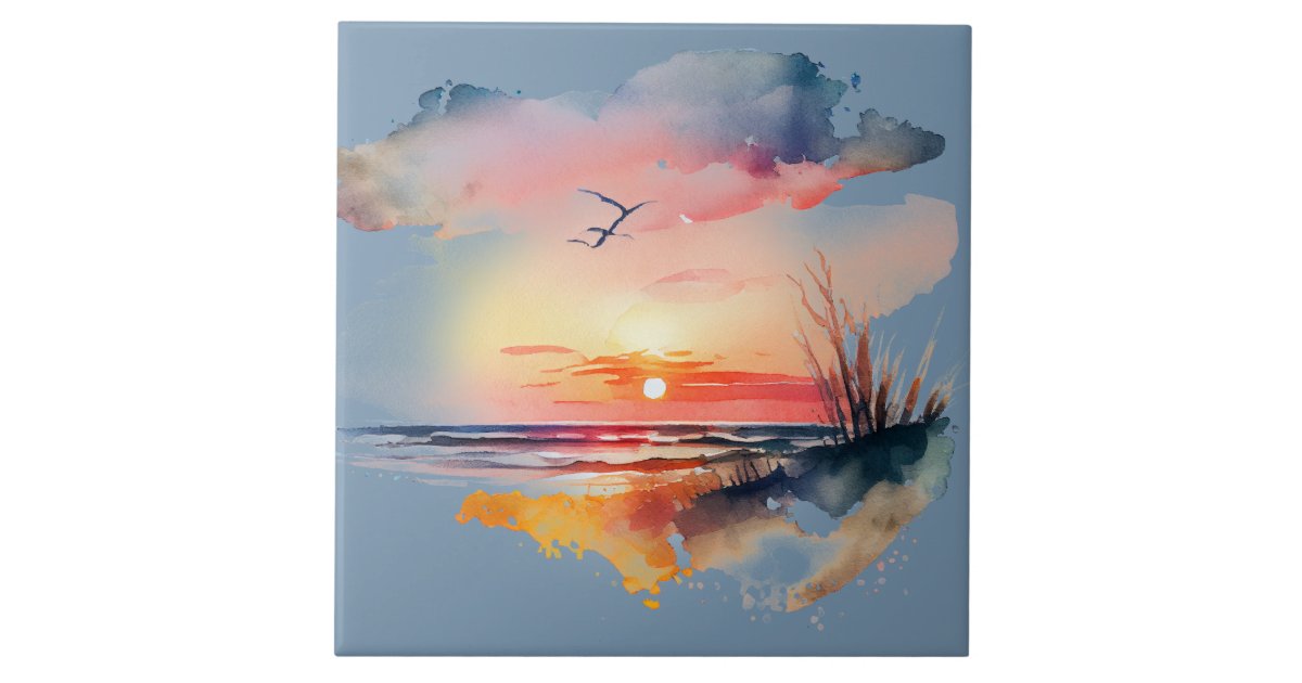 Stunning Watercolor Beach Sunset Ceramic Tile | Zazzle
