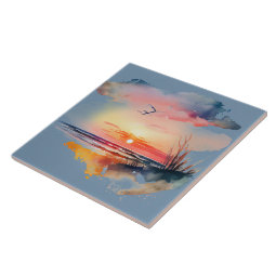 Stunning Watercolor Beach Sunset Ceramic Tile | Zazzle