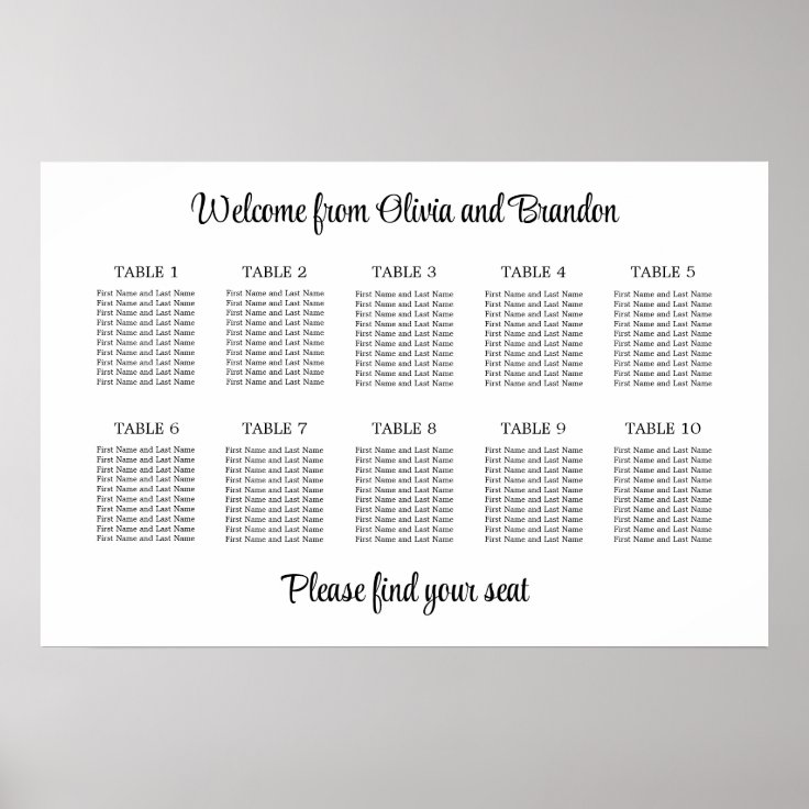 Stylish 10 Table Wedding Seating Chart Poster | Zazzle