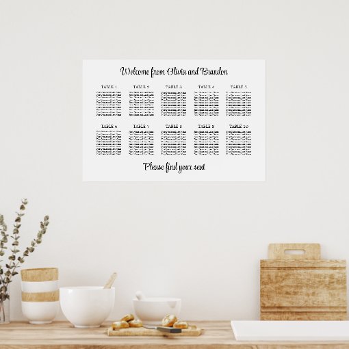 Stylish 10 Table Wedding Seating Chart Poster | Zazzle