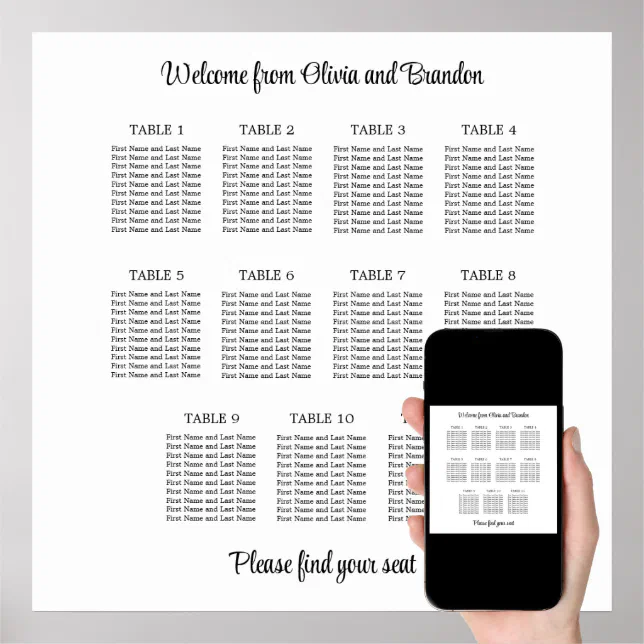 Stylish 11 Table Wedding Seating Chart Poster | Zazzle