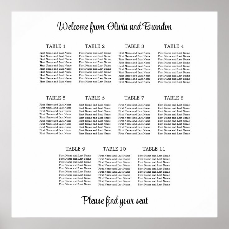 Stylish 11 Table Wedding Seating Chart Poster | Zazzle