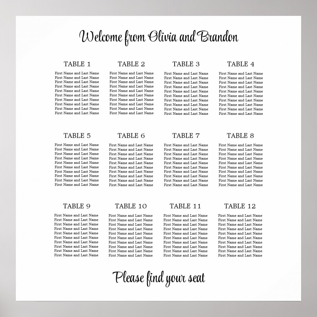 Stylish 12 Table Wedding Seating Chart Poster | Zazzle