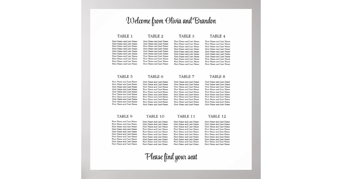 Stylish 12 Table Wedding Seating Chart Poster | Zazzle