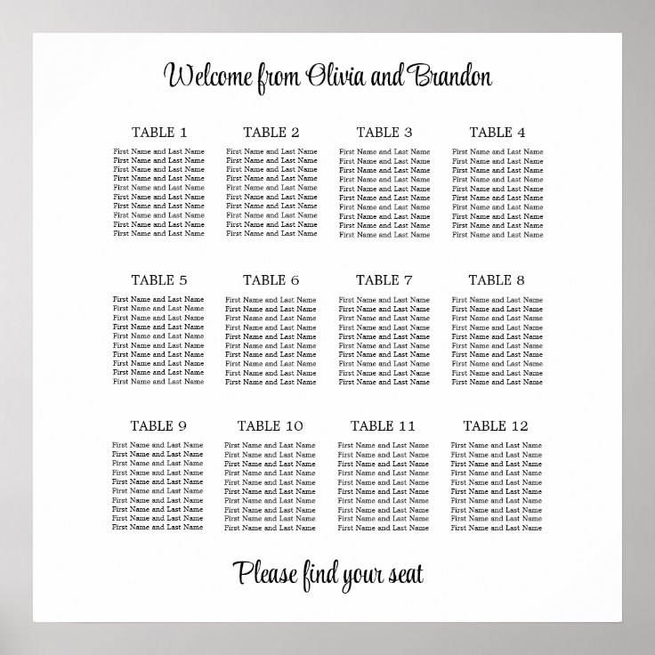 Stylish 12 Table Wedding Seating Chart Poster | Zazzle