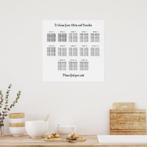 Stylish 13 Table Wedding Seating Chart Poster | Zazzle