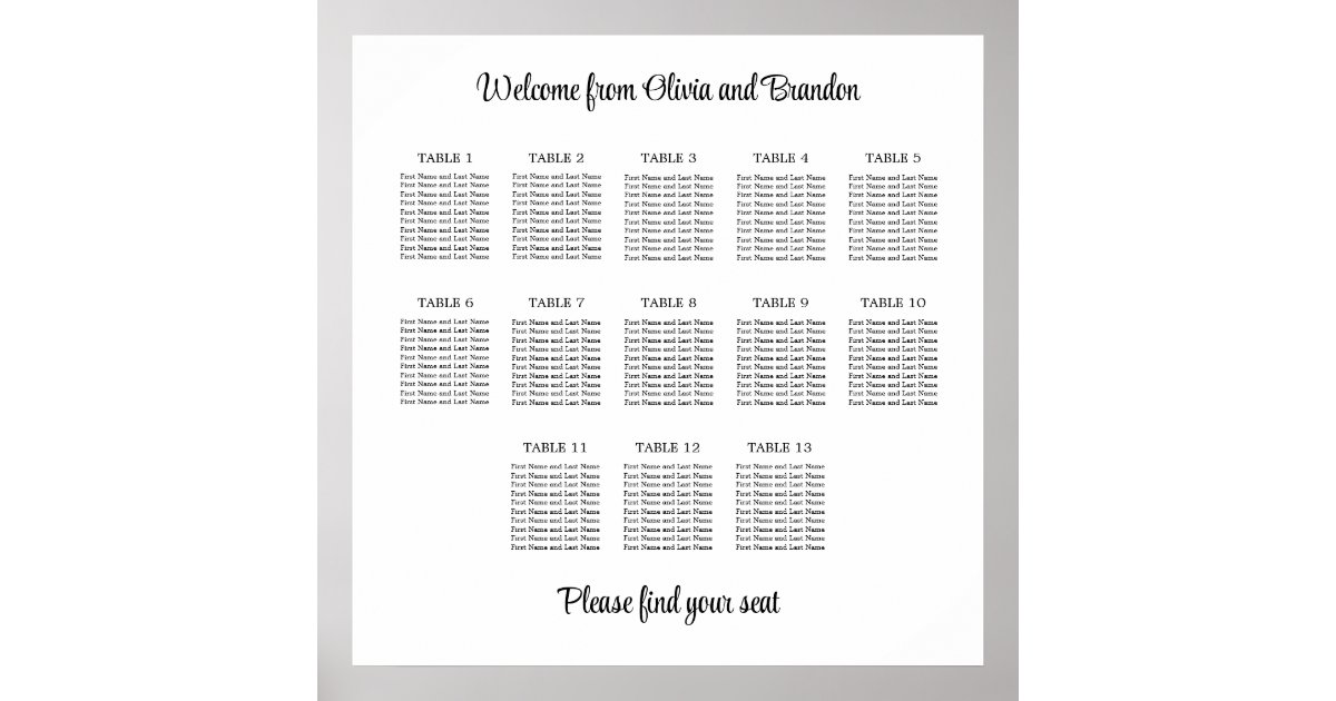 Stylish 13 Table Wedding Seating Chart Poster | Zazzle