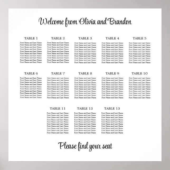 Stylish 13 Table Wedding Seating Chart Poster | Zazzle