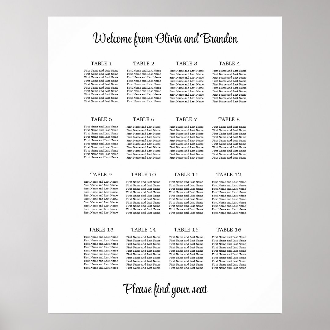 Stylish 16 Table Wedding Seating Chart Poster | Zazzle
