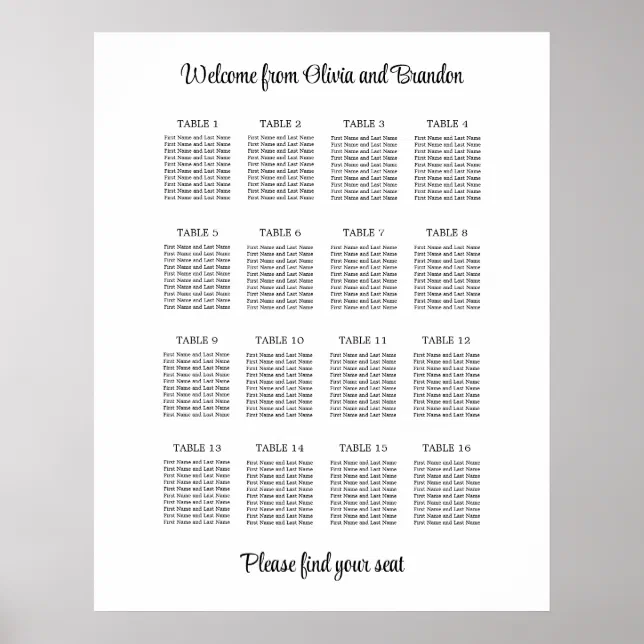 Stylish 16 Table Wedding Seating Chart Poster | Zazzle