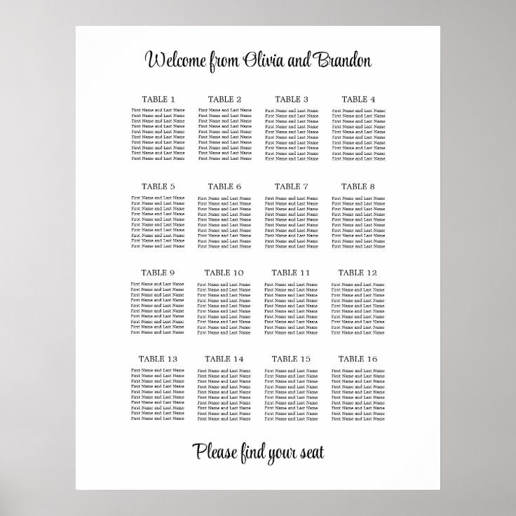 Stylish 16 Table Wedding Seating Chart Poster | Zazzle