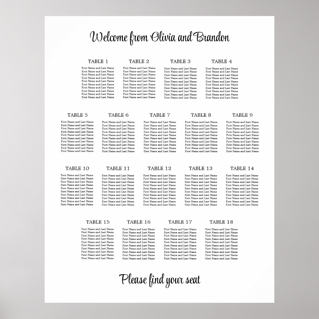 Stylish 18 Table Wedding Seating Chart Poster | Zazzle
