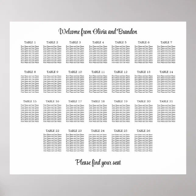Stylish 26 Table Wedding Seating Chart Poster | Zazzle