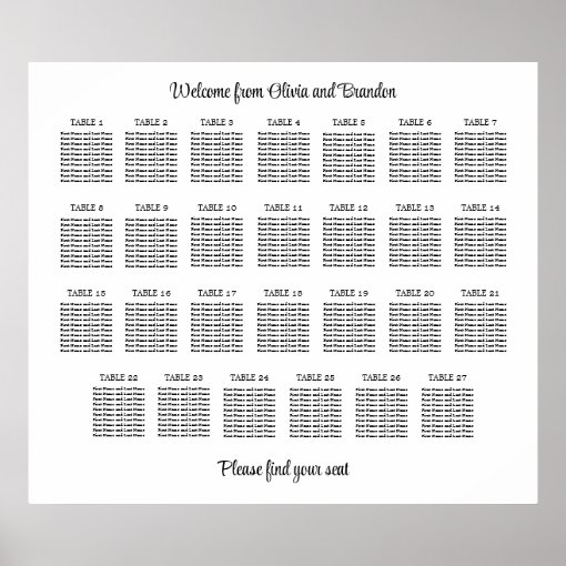 Stylish 27 Table Wedding Seating Chart Poster | Zazzle