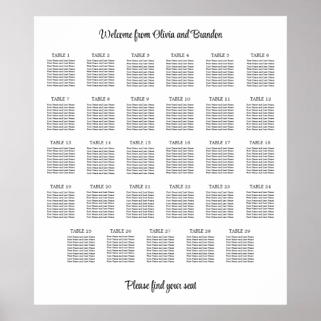 Stylish 29 Table Wedding Seating Chart Poster | Zazzle