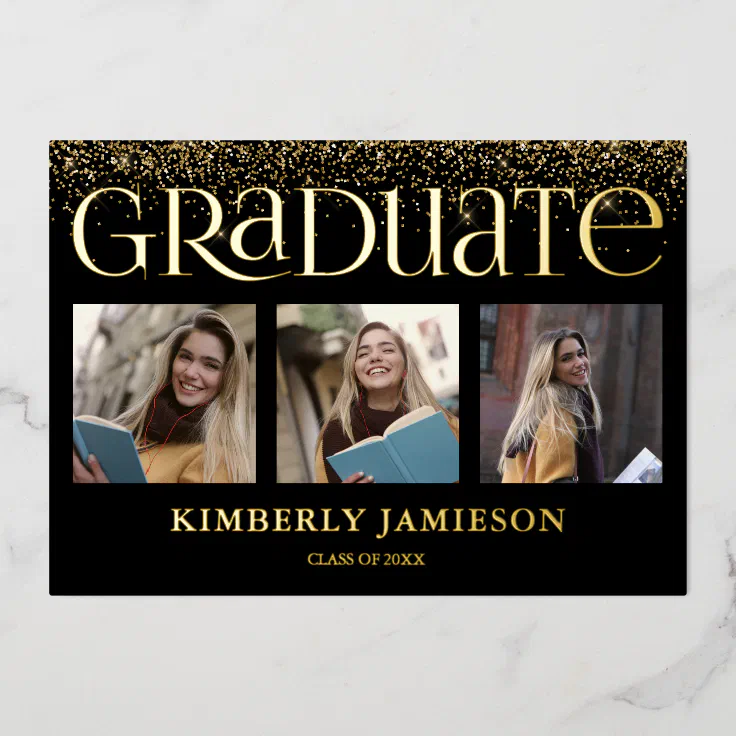 Stylish 3 Photo Graduation Foil Invitation | Zazzle