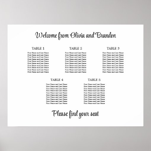 Stylish 5 Table Wedding Seating Chart Poster | Zazzle