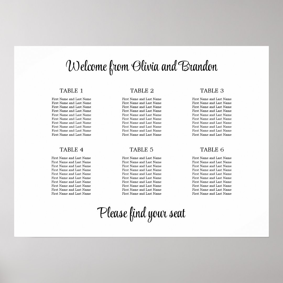 Stylish 6 Table Wedding Seating Chart Poster | Zazzle