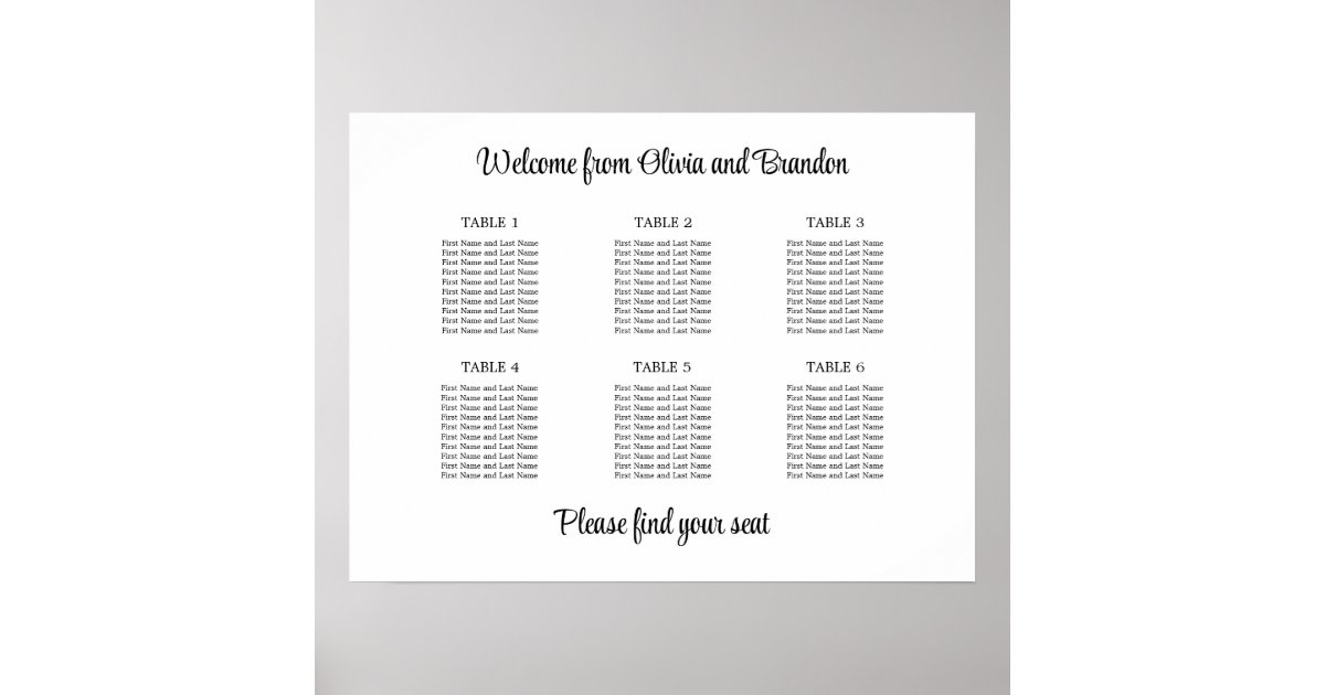 Stylish 6 Table Wedding Seating Chart Poster | Zazzle