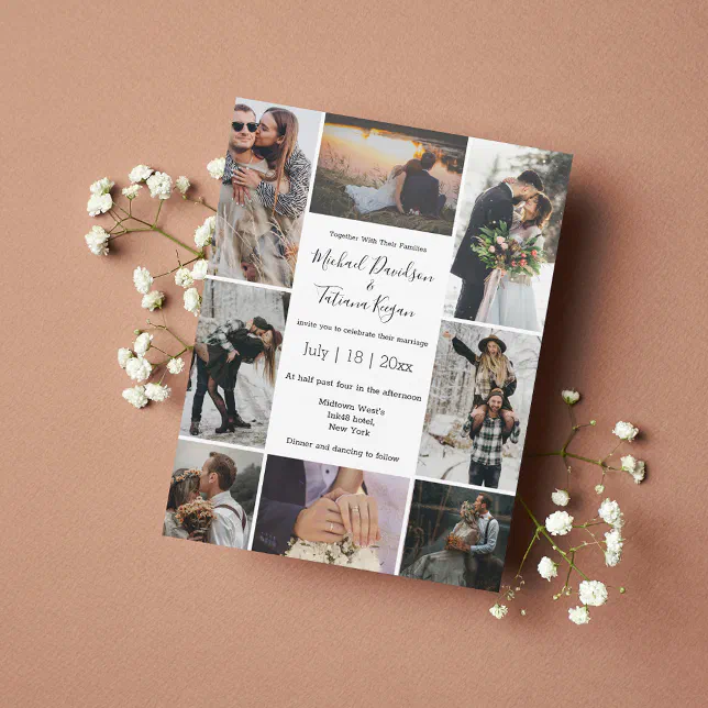 stylish 8 photos collage modern chic wedding invitation | Zazzle