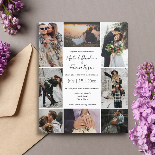 stylish 8 photos collage modern wedding invitation | Zazzle
