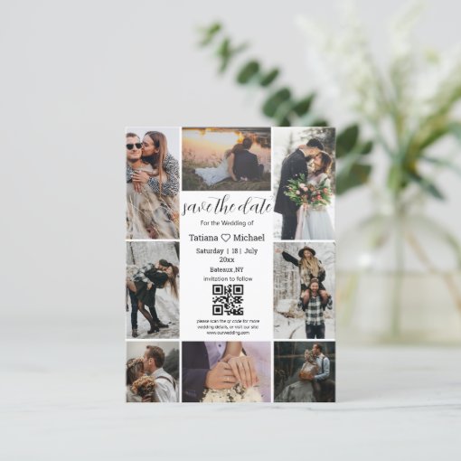 stylish 8 photos collage qr code save the date announcement postcard ...