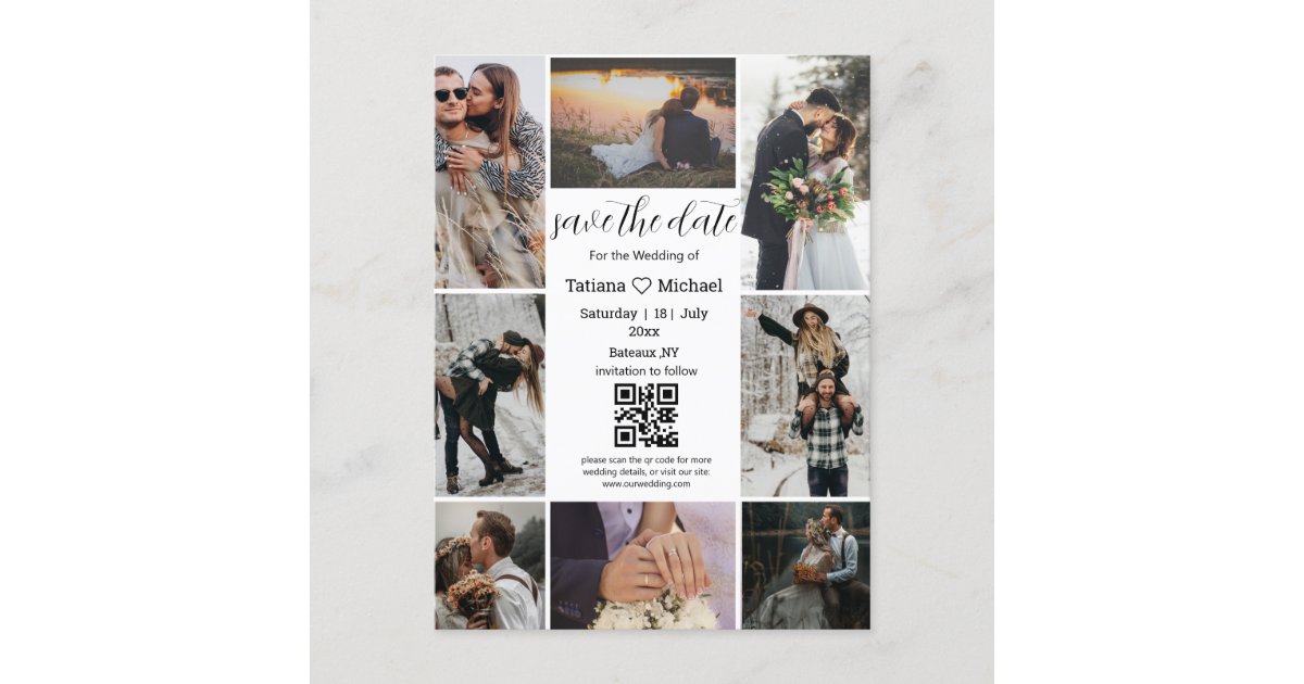 stylish 8 photos collage qr code save the date announcement postcard ...