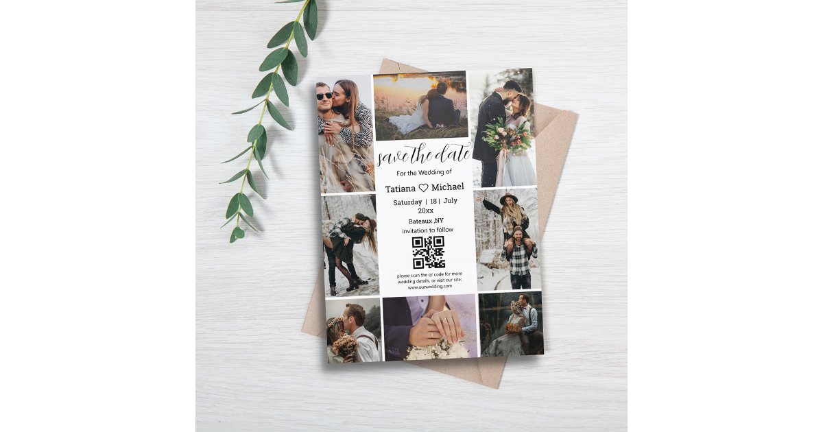 stylish 8 photos collage qr code save the date announcement postcard ...