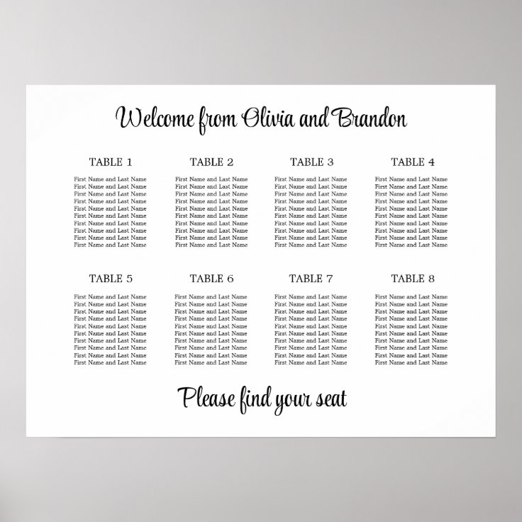 Stylish 8 Table Wedding Seating Chart Poster | Zazzle