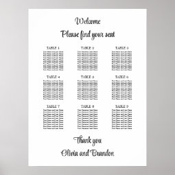 Stylish 9 Table Wedding Seating Chart Poster | Zazzle